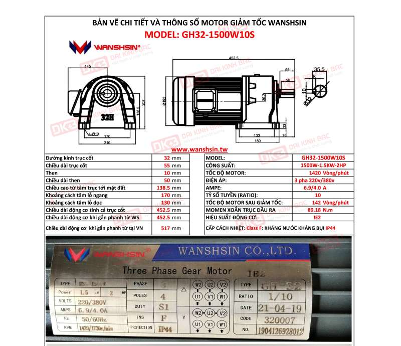 Motor Giảm Tốc Chân Đế Wanshsin GH32-1500W-15S